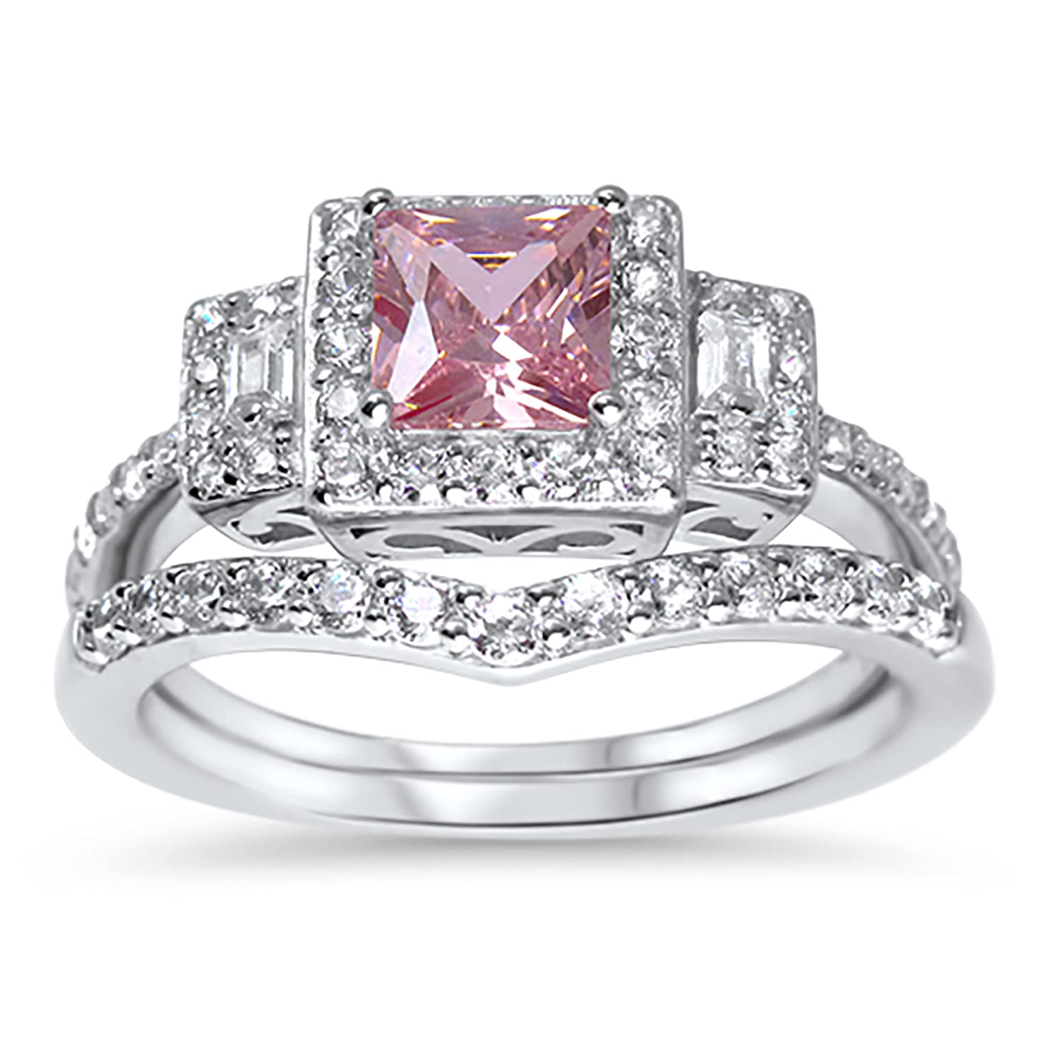 Pink CZ Wedding Ring Set for Women, Simulated Topaz Bridal Engagement Ring Set in Sterling Silver Size 10