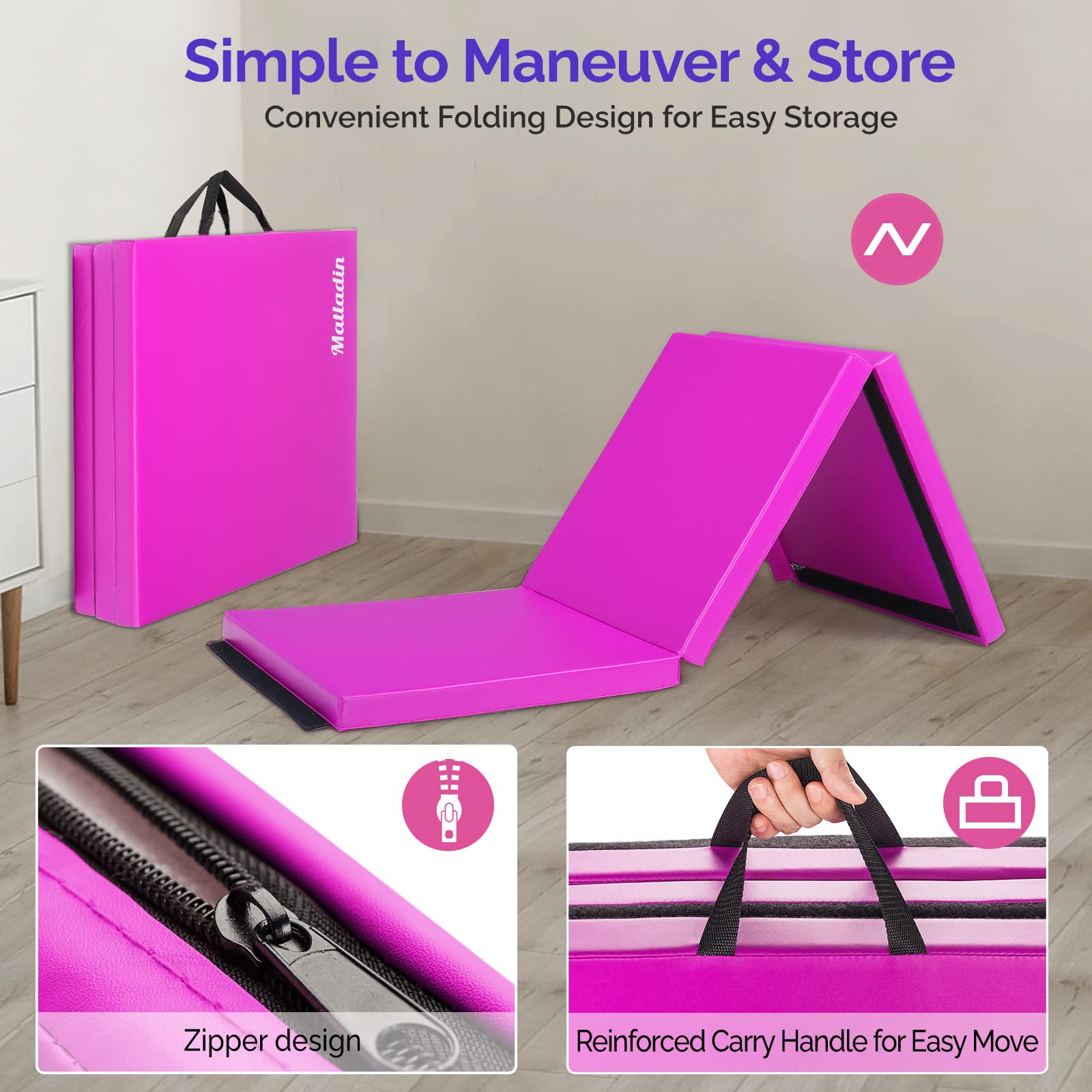 Matladin 6' Folding Tri-fold Gymnastics Gym Exercise Aerobics Mat, 6ft x 2ft x 2in PU Leather Tumbling Mats for Stretching Yoga Cheerleading Martial Arts (Purple)