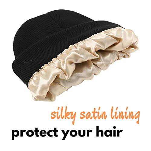 Satin Lined Beanie Silk Lined Winter Hats for Women Men Cuffed Silky Beanie Hat Soft Warm Ski Beanies Skull Cap Black