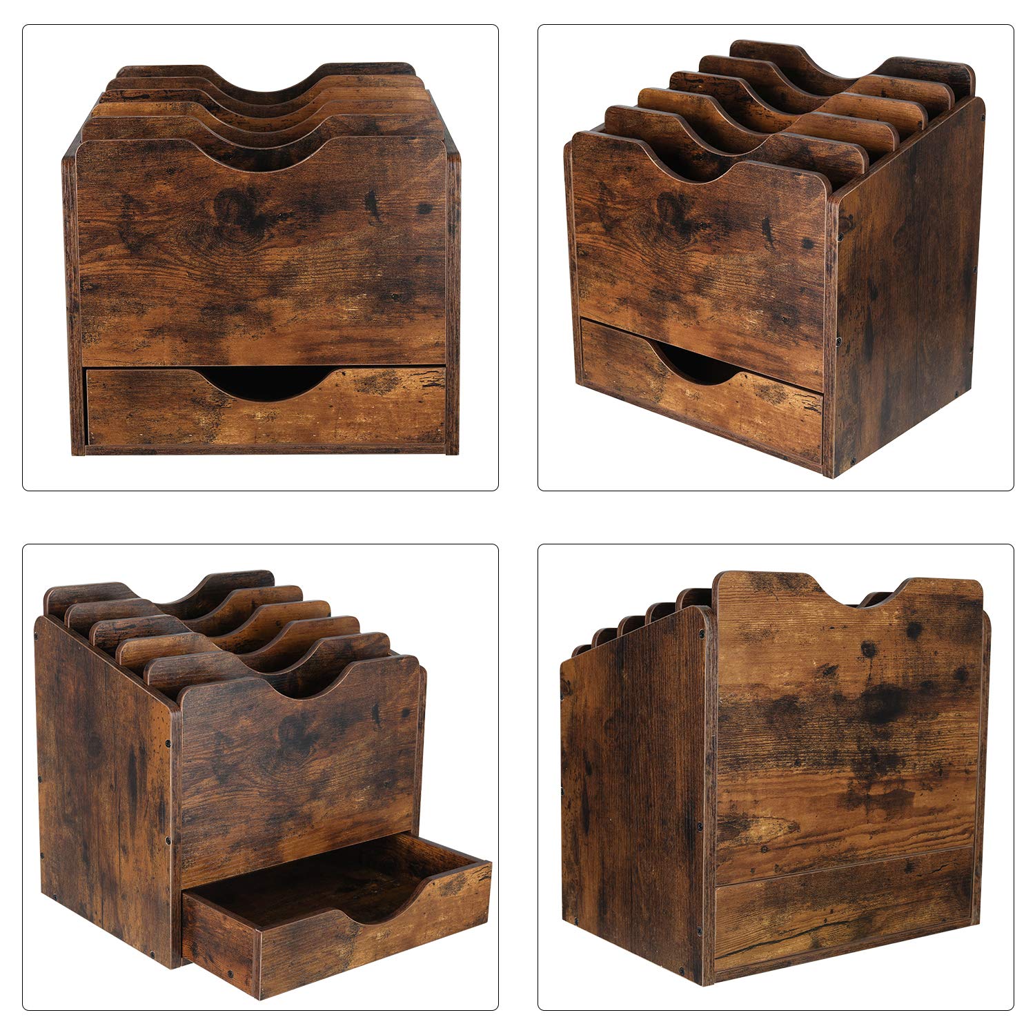 PAG Wood Desktop File Holder Organizer Mail Sorter with Drawer, for File Folders, Mails, Envelopes, Mailing Supplies or Magazines, 6 Compartments, Antique Brown