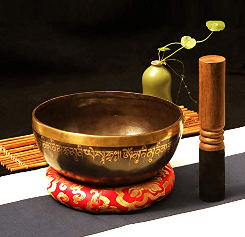 TJLSS Mantra Buddha Pattern Tibetan Singing Bowl Yoga Meditation Bowls Set with Dual Surface Mallet and Silk Cushion Promotes