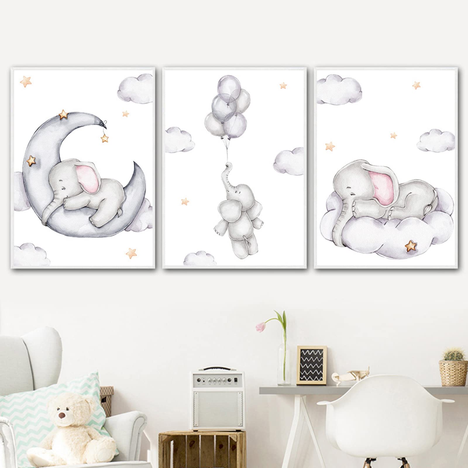 TECHSOUK Elephant Wall Poster Moon Art Prints Cloud Canvas Painting Nursery Wall Pictures Nordic Posters Baby Kids Room Decoration-16 x20 x3Pcs-No Frame