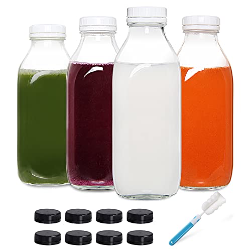YEBODA 32oz Glass Milk Bottle with Plastic Tamper-proof Caps (4 Pack) Vintage Reusable Dairy Drinking Containers, Glass Bottles for Milk, Juice,Yogurt, Smoothies, Tomato Sauce, Jam, Syrup