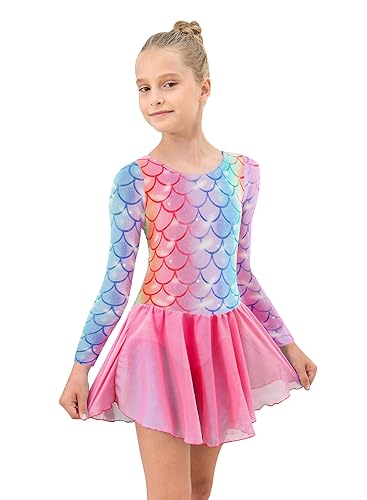 Long Sleeve Leotards for Girls Gymnastics Colorful Stripes Mermaid Size 6-7 Skirts