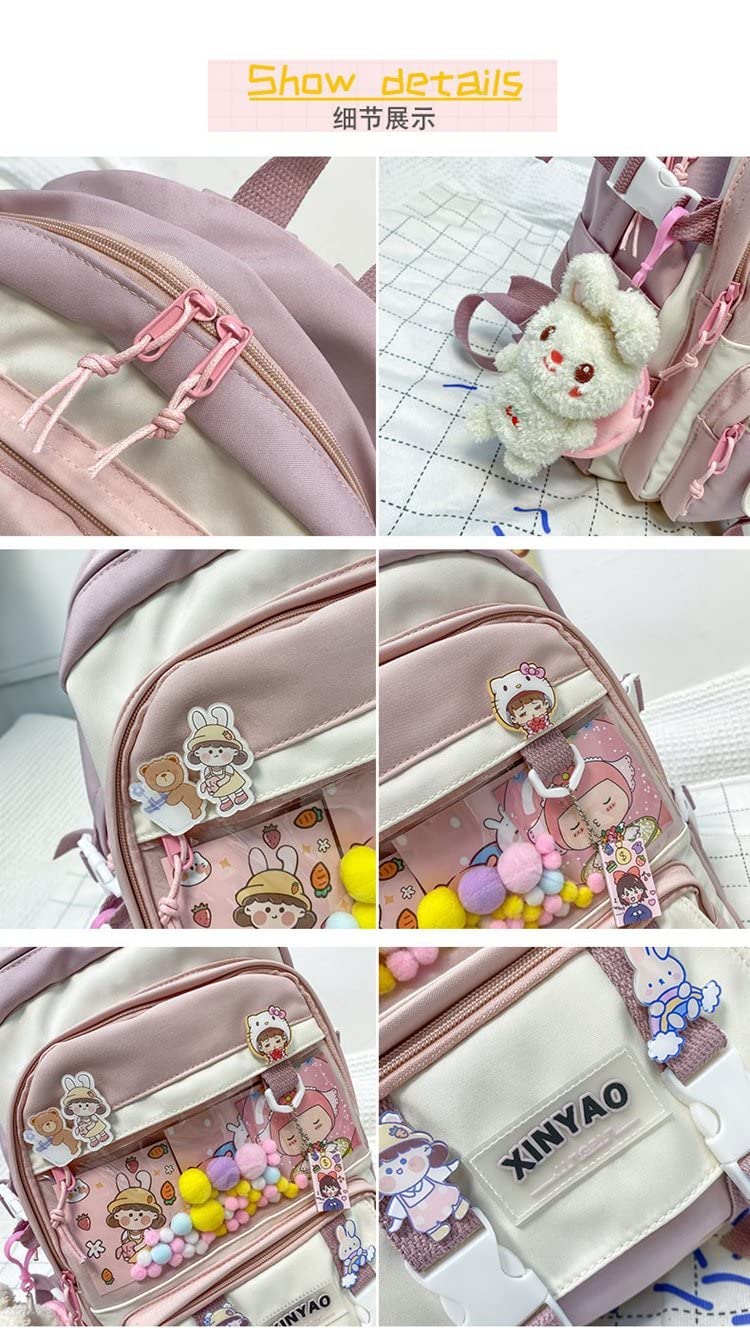 Kawaii Backpack Kawaii School Backpack Cute Aesthetic Backpack Cute Kawaii Backpack with Pendant Pins pink