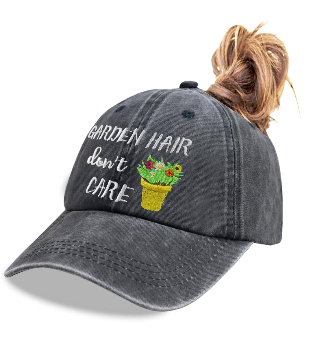 Tacoesha Gardening Gifts for Women Mom, Garden Hair Don’t Care Ponytail Hat, Adjustable Washed Cotton Embroidered Garden Accessories Baseball Cap, Gifts for Birthday
