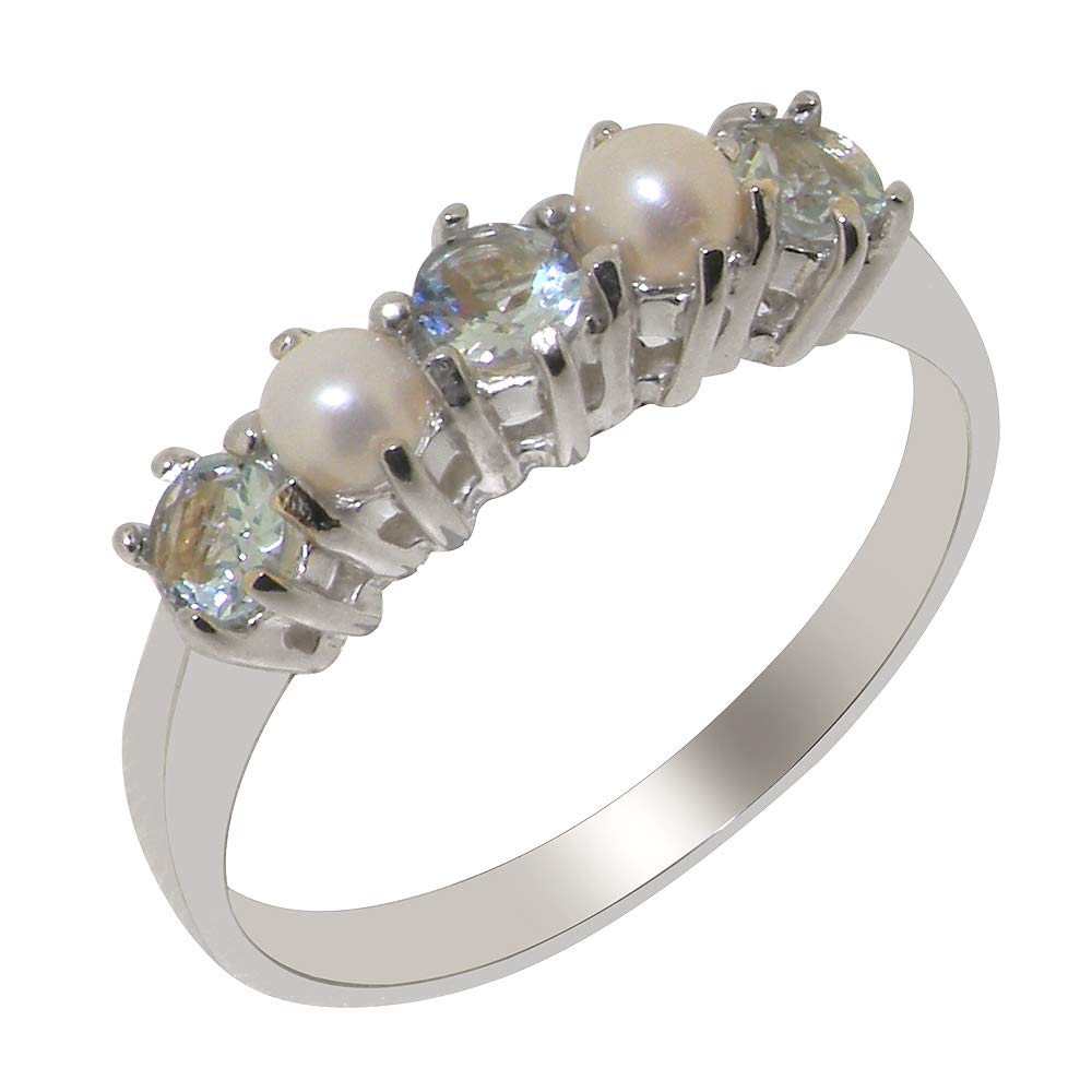 LetsBuyGold 925 Sterling Silver Natural Aquamarine & Cultured Pearl Womens Eternity Ring - Size 10
