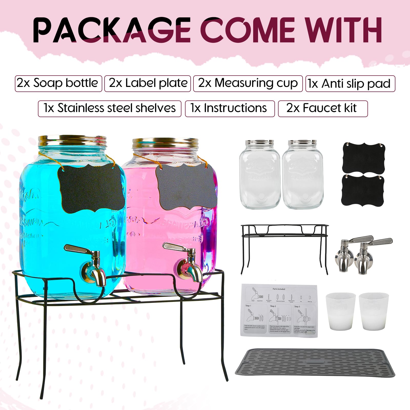 Liquid Laundry Detergent Dispenser - 1 Gallon Decorative Fabric Softener Laundry Soap Dispenser Glass Jar with Stainless Steel Stand, Non Slip Pad, Measuring Cup, Chalkboards