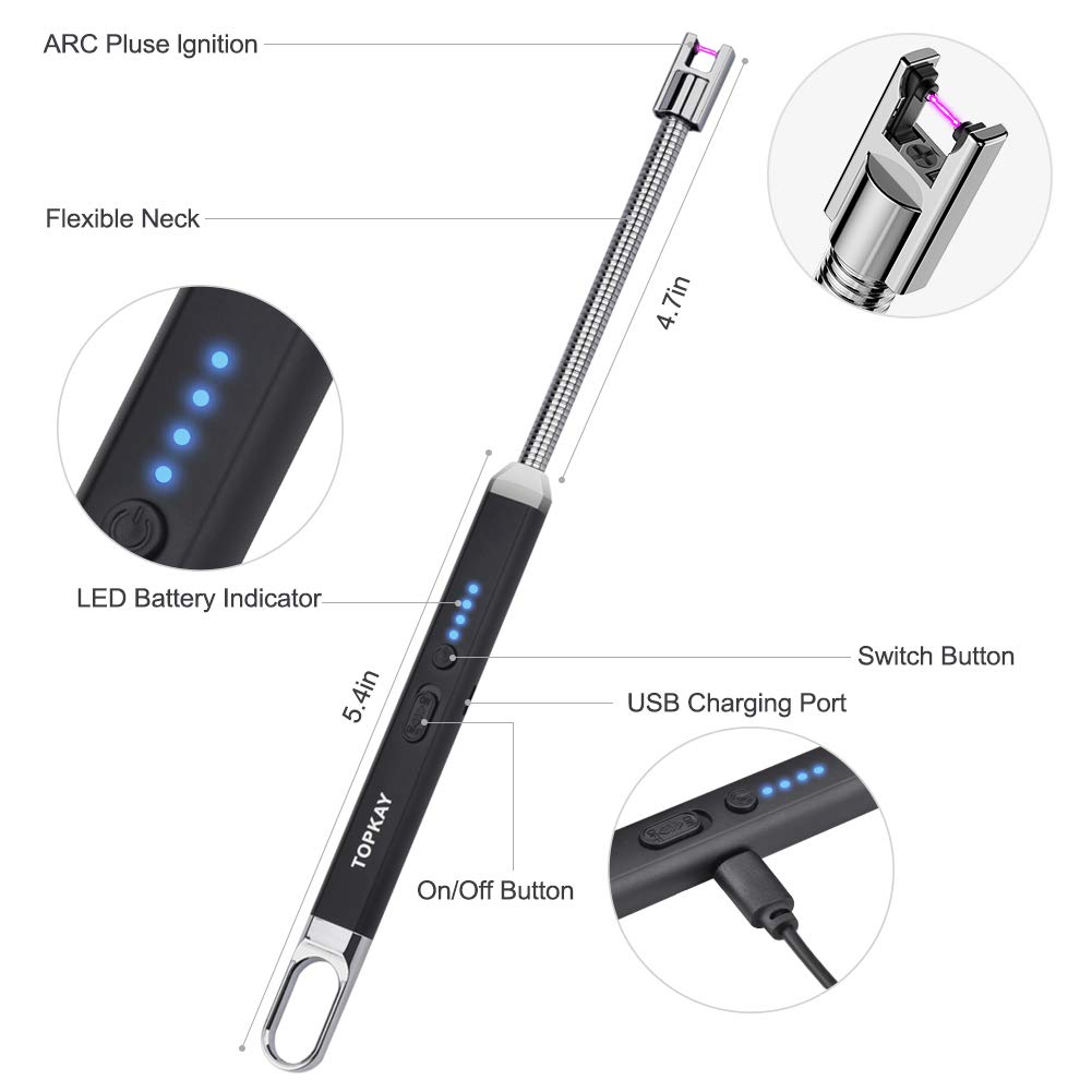 Lighter, Candle Lighter, Electric Lighter, Windproof USB Rechargeable Electronic Plasma Arc Lighter with Safety Lock, LED Battery Indicator, Long Flexible Lighter for BBQ, Grill, Fireworks (Black)