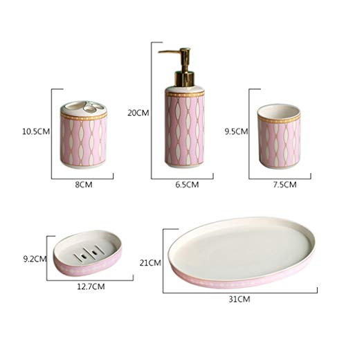 Liquid soap Box Ceramic Soap Dispenser Set Mug Toothbrush Holder Soap Dish and Practical Tray 6 Sets of Creative Fashion Wedding Housewarming Soap Bottle (Color : Blue) (Pink B)