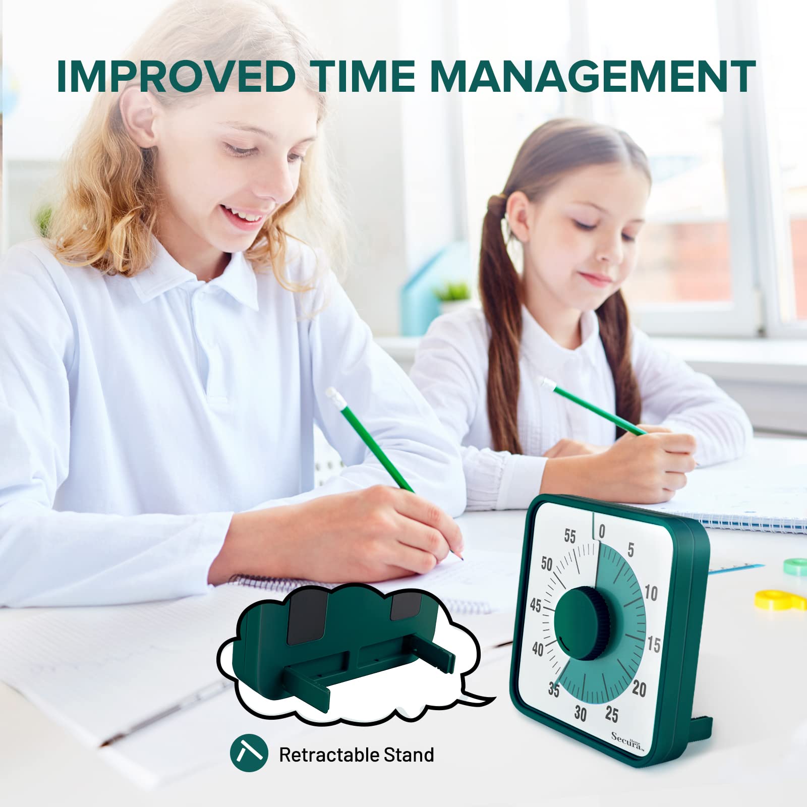 Secura Home 60-Minute Visual Timer, 7.5 Inch Oversize Countdown Timer Clock for Kids and Adults, Durable Mechanical Time Management Tool with Magnetic Backing (Dark Green)