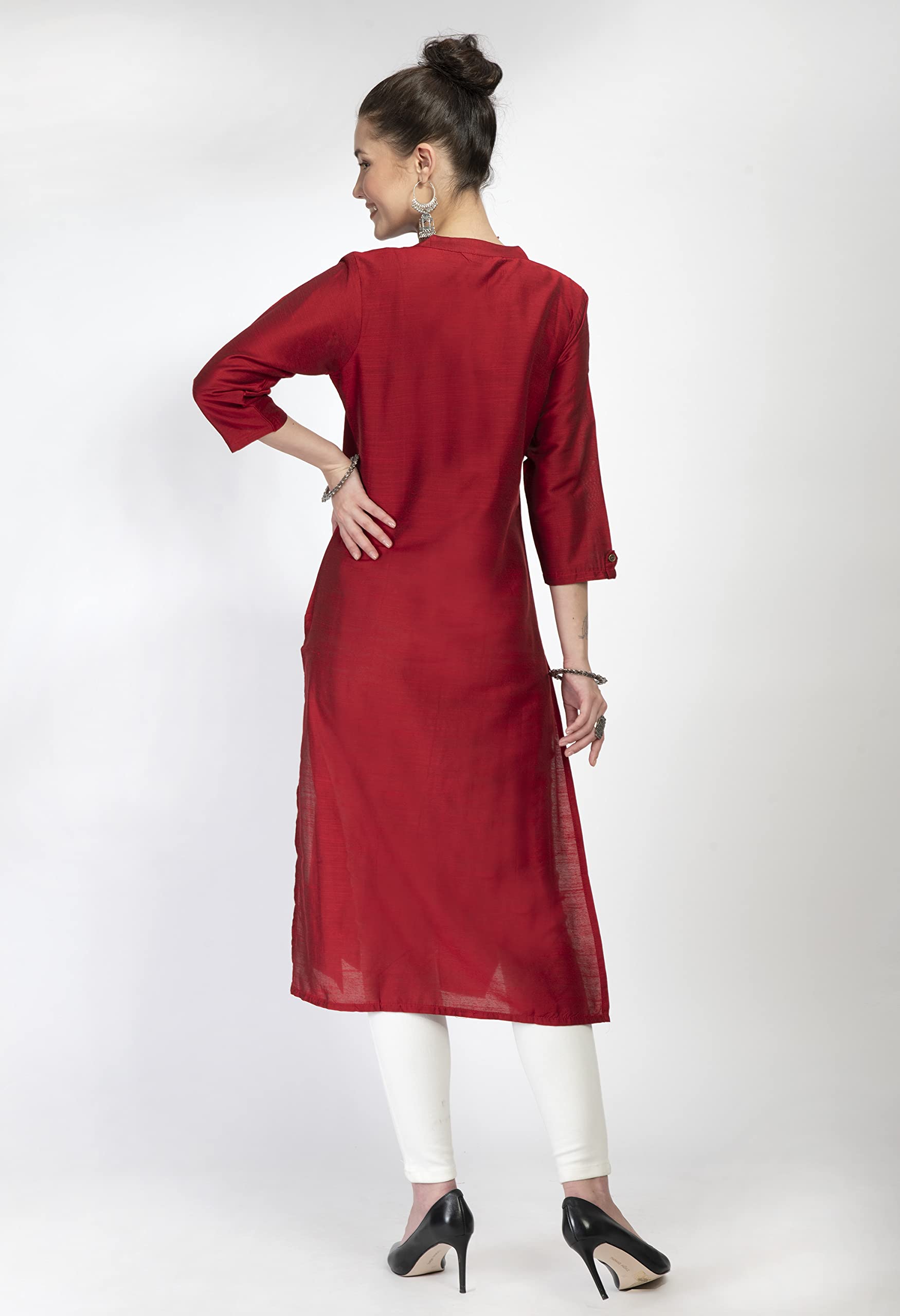 Lagi Women Solid Straight Poly Silk Kurta With Mandarin collar, Maroon (Medium)