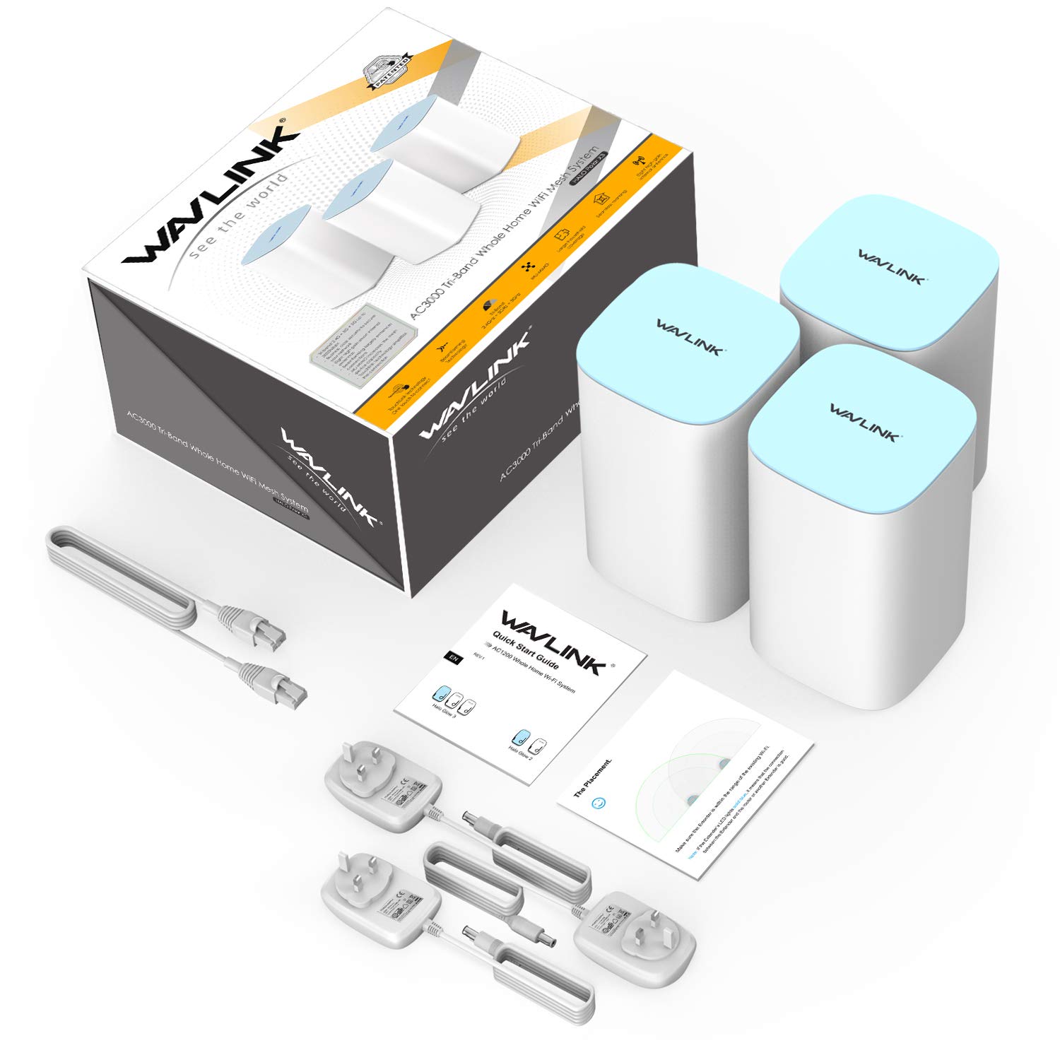 WAVLINK Mesh WiFi System, Tri-Band Mesh WiFi Router Up to 7,500 sq.ft Coverage, Speed up to 3Gbps, Replaces WiFi Router and Extender, 9 Gigabit Ports