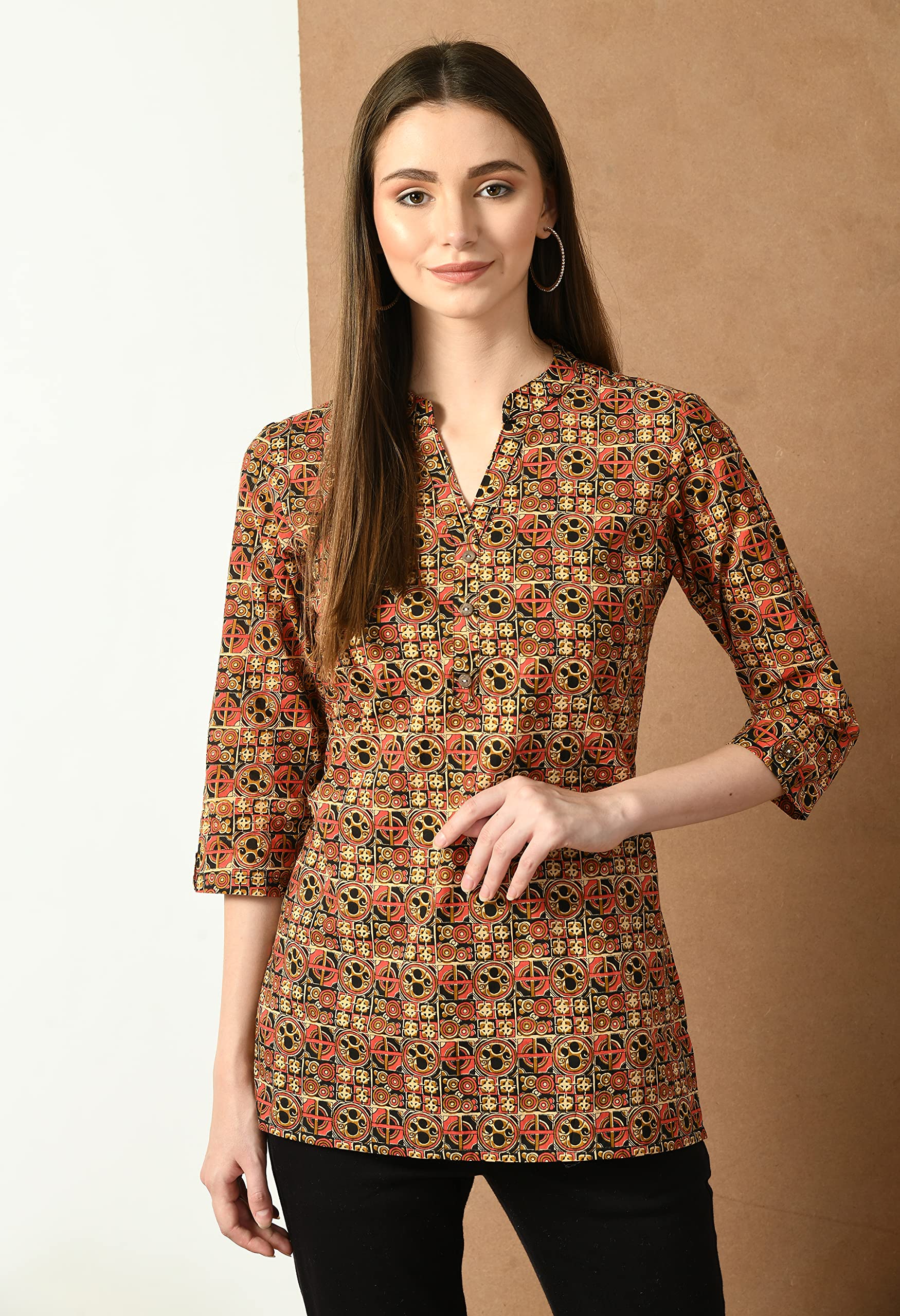 Lagi Women Straight Mandarin Collar 3/4 Sleeves Printed Short Cotton Kurti, Red (S)