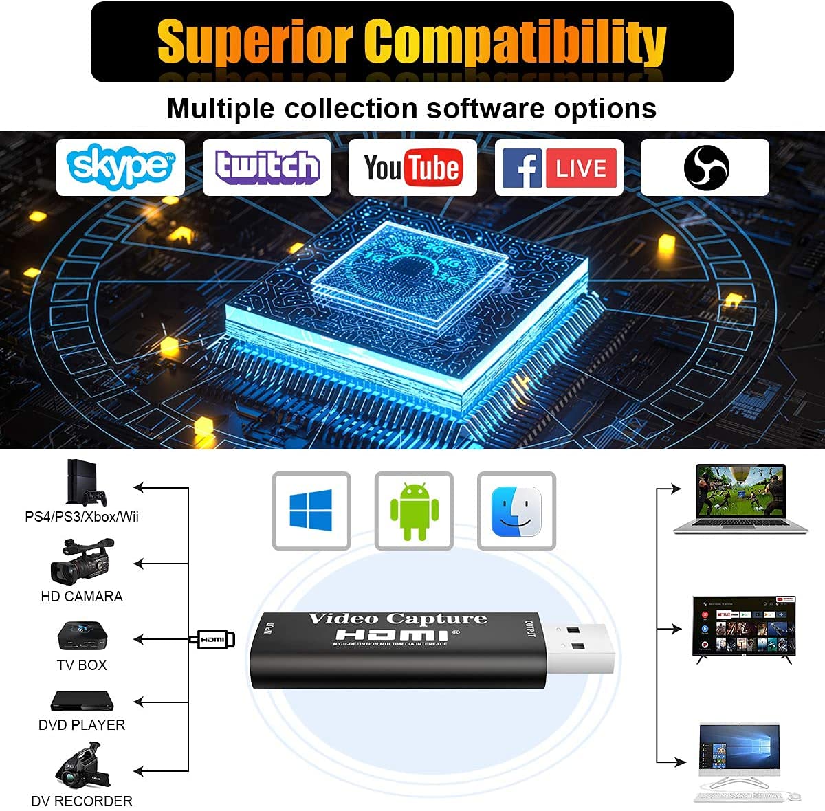 Xyyrys 4K Capture Card, 1080p 60fps Video Game Card HDMI USB3.0 with Mic Input Audio Output for Nintendo Switch Streaming Xbox One OBS PS4 PS5