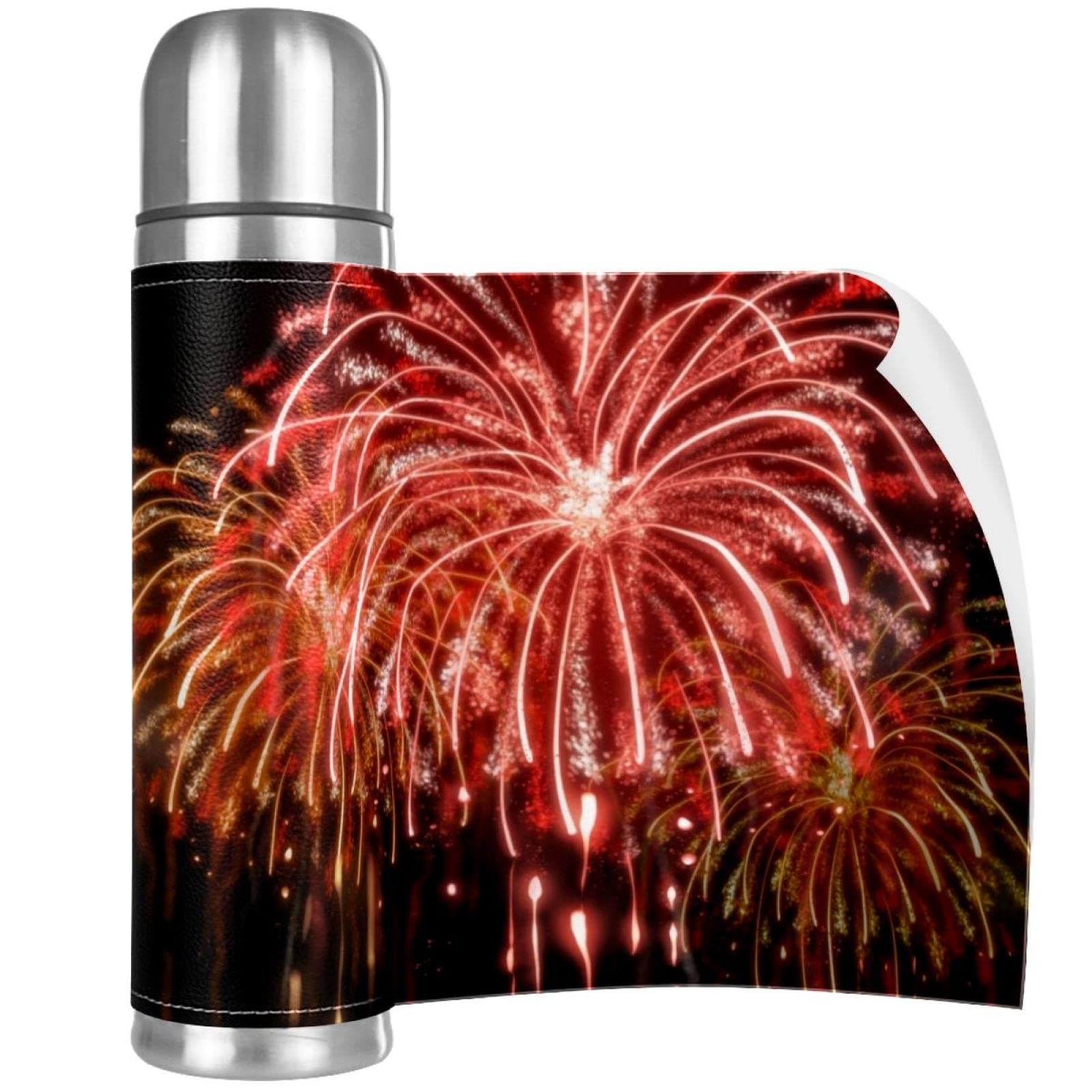 Stainless Steel Leather Vacuum Insulated Mug Fireworks Thermos Water Bottle for Hot and Cold Drinks Kids Adults 16 Oz