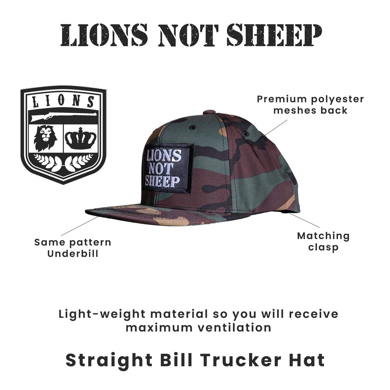 Lions Not Sheep Hat Black - Adjustable Trucker Hats with Snapback - Fabric Back Black Baseball Cap - 5 Panel Trucker Cap - Trucker Hats for Men and Women - Fabric Trucker Hat for Hiking