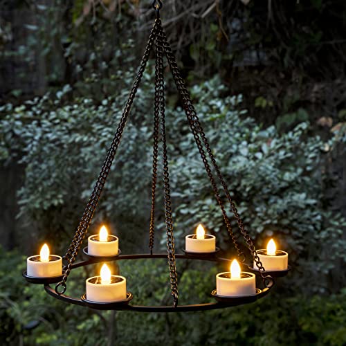 Solar Hanging Lantern, Outdoor Candle Chandelier with 8pcs Solar Powered Tea Lights in Matt Black Finished Metal Candle Holders Perfect for Home, Garden, Backyard, Pergola, Gazebo, Tree, Window Decor