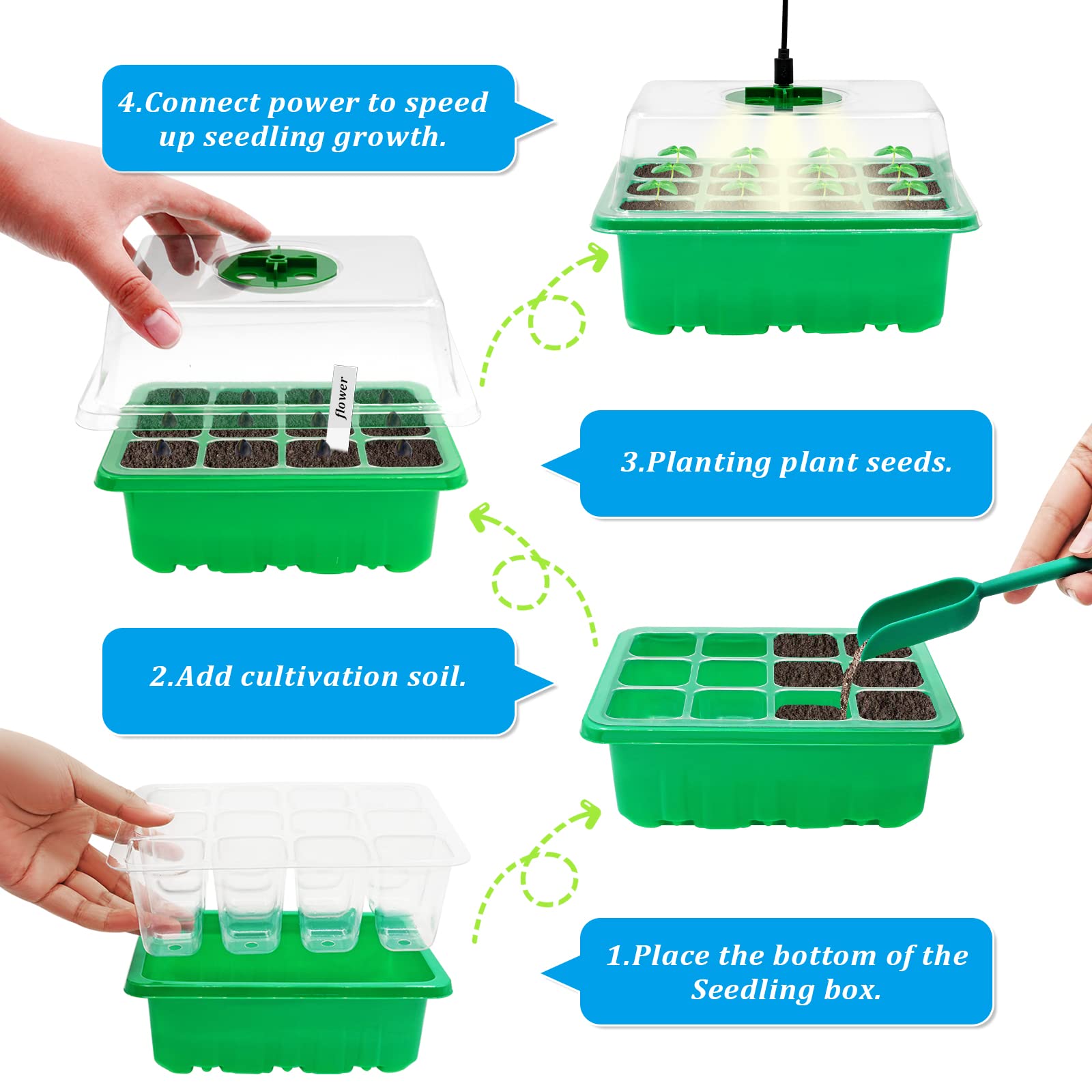 KHEARPSL Seed Starter Tray, 5 Pack Seed Starting Kit Plant Starter Kit Greenhouse Germination Kits with Humidity Dome and Base (Green)