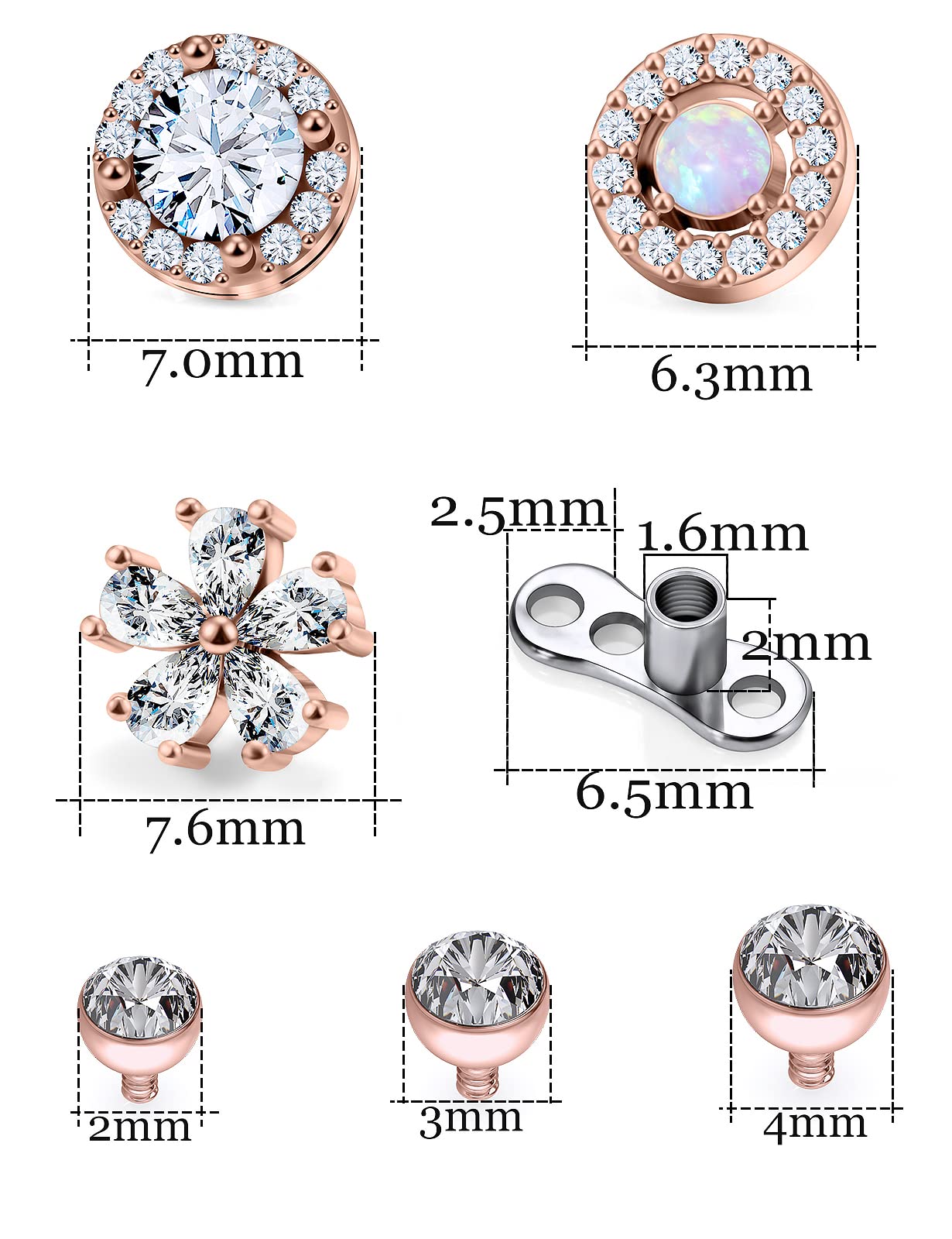 Msndnkwo 14G Dermal Piercing Jewelry Internally Threaded Dermal Anchor Tops and Base Titanium Microdermals Piercing for Women Men, Rose Gold (CSY-0093)