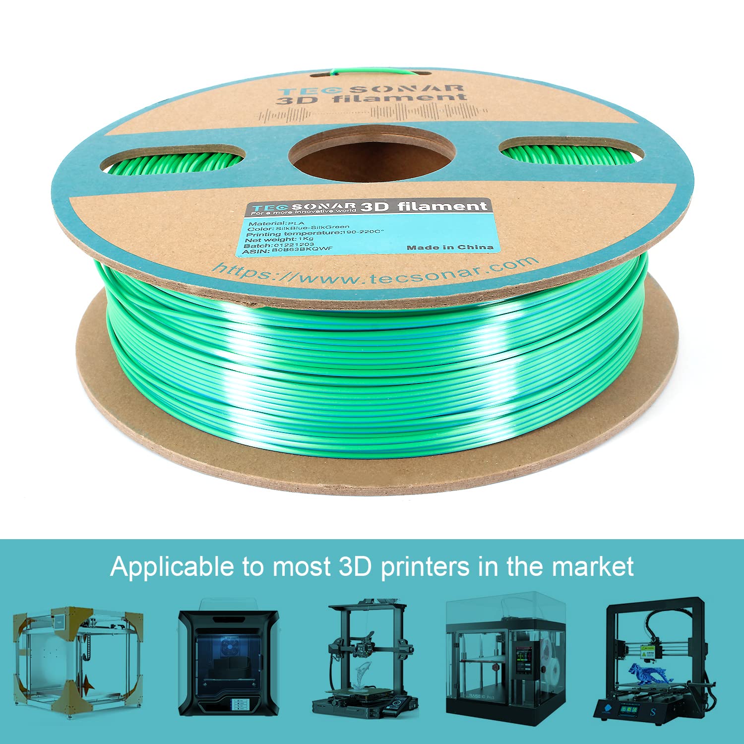 TECSONAR Silk Dual Color PLA Filament Coextrusion Filament Multicolor 3D Printer Filament 1kg Dichromatic Filament 1.75mm (± 0.03 mm) Compatible w/Most of 3D Printer, Silk Blue Green