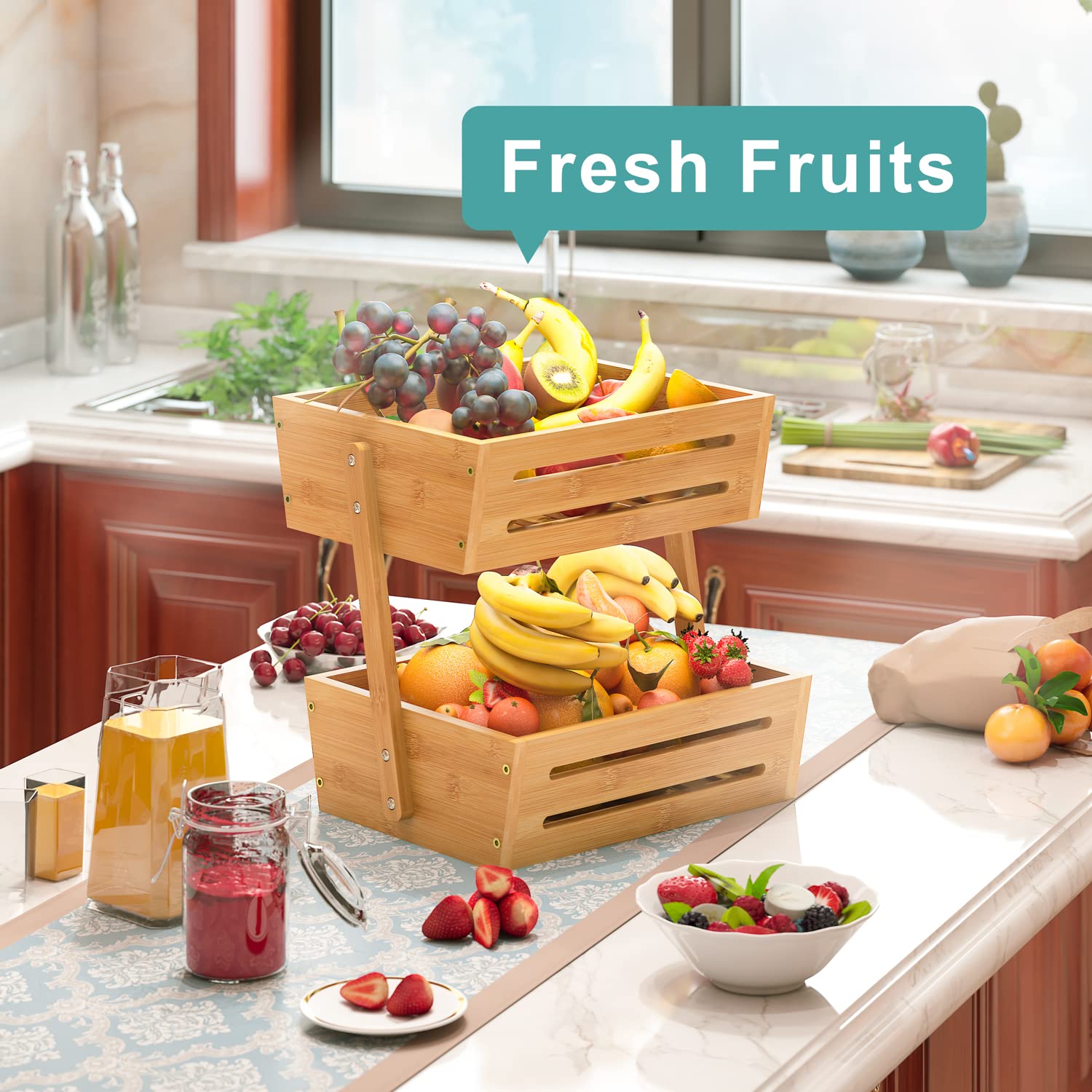 Vriccc Bamboo Fruit Basket, 2-Tier Fruit Bowl for Kitchen Counter, Large Capacity Vegetable Storage Holder, Countertop Organizing for Snacks Display