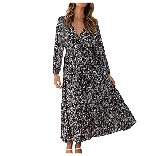 Pinkpaopao Long Swing Dress for Women Pattern Printed Elegant Patchwork Ankle-Length Dress Deep V Neck High Waist Dress