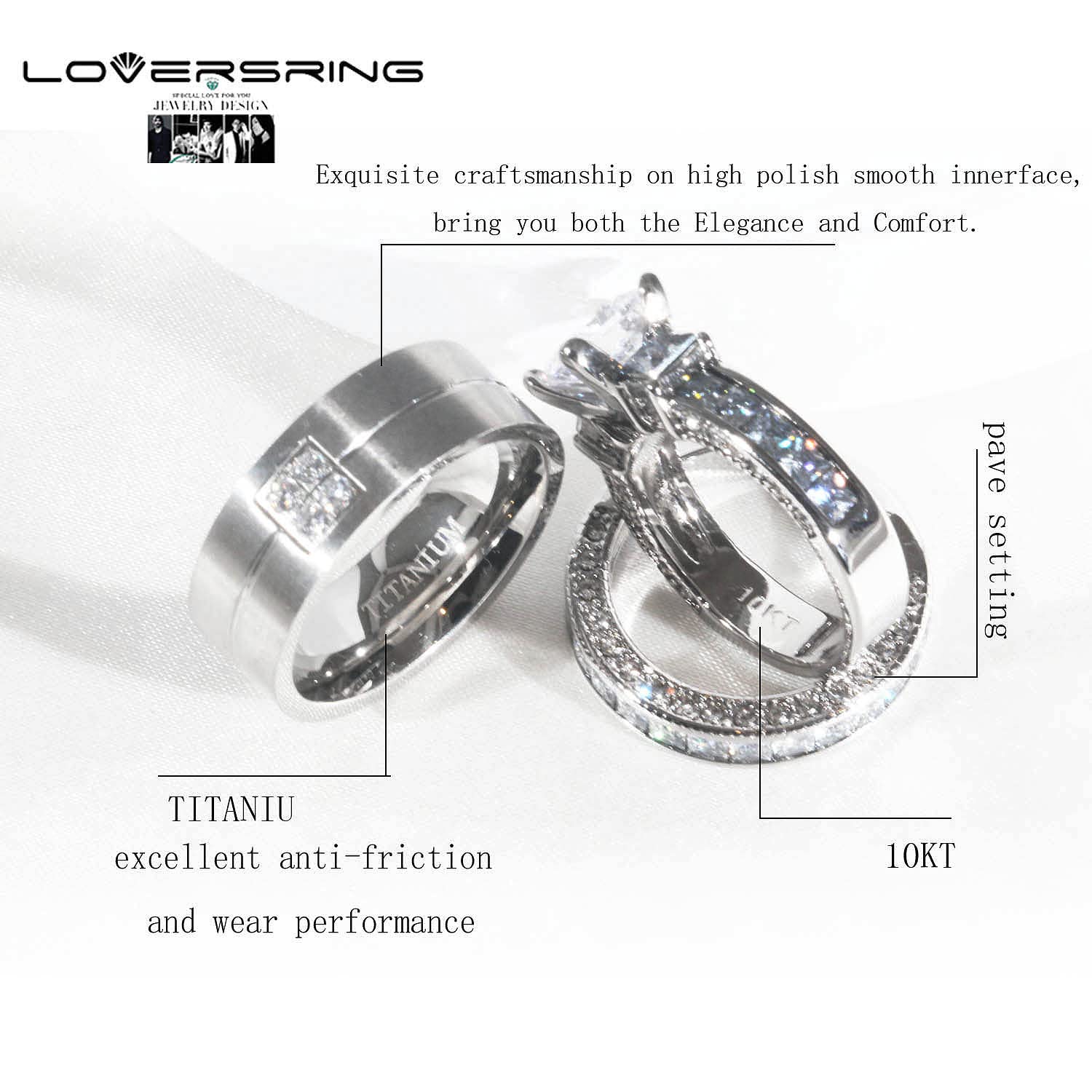 LOVERSRING Couple Ring Bridal Set His Hers White Gold Plated CZ Stainless Steel Wedding Ring Band Set