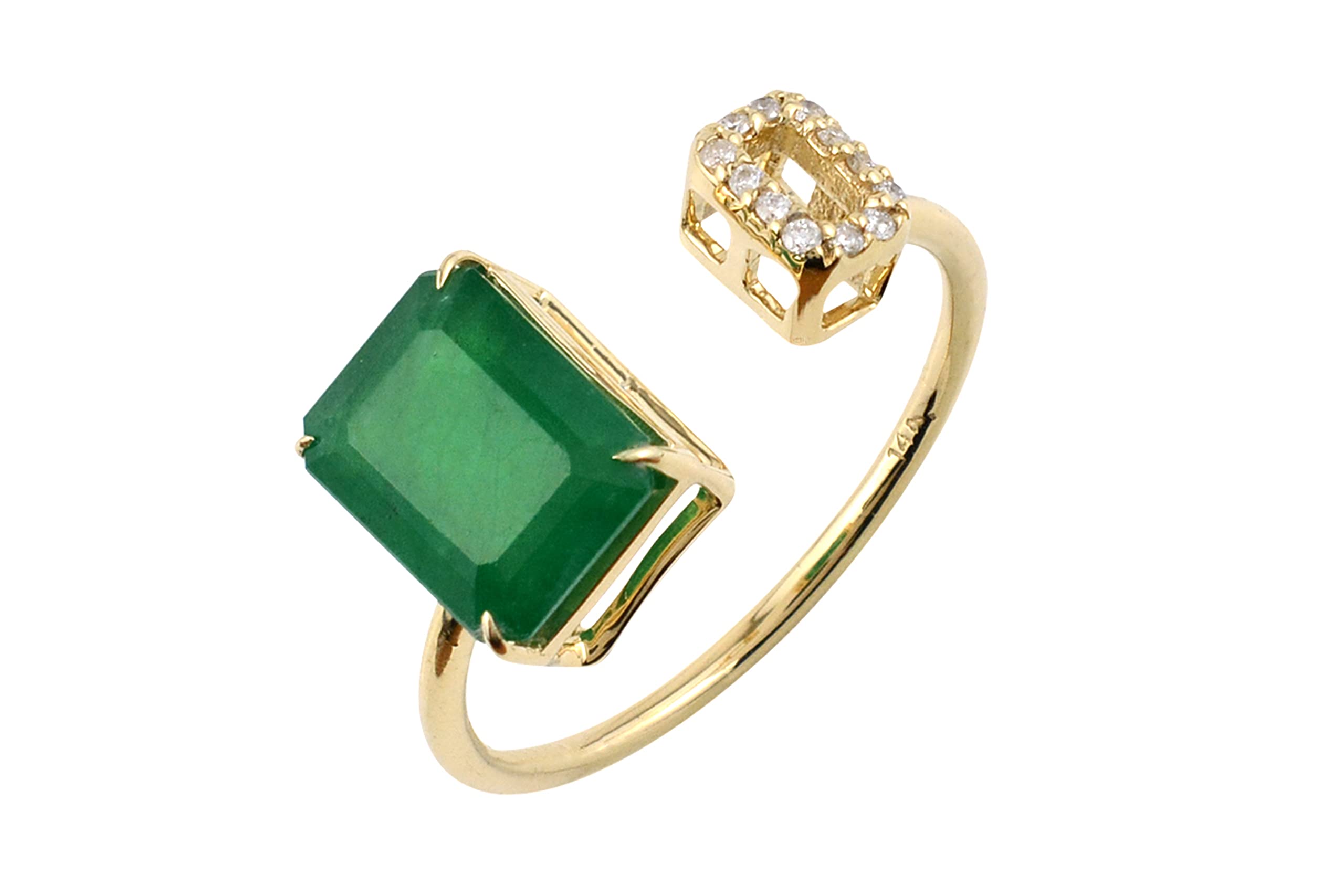 Mirahi 2.51 CT Emerald Diamond Ring, Open Cuff Ring in 14k Yellow Gold, Adjustable Rings for Women
