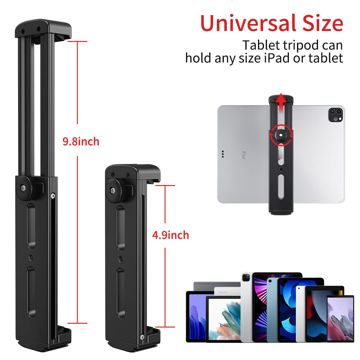 VRIG Select iPad Tripod Mount, iPad Holder with Cold Shoe Acra Swiss, Aluminum Metal Tablet Tripod Adapter, for iPad Pro 12.9, iPad Air Mini 3 4, Galaxy Tab, Surface Pro 8(4.9-9.8’’)