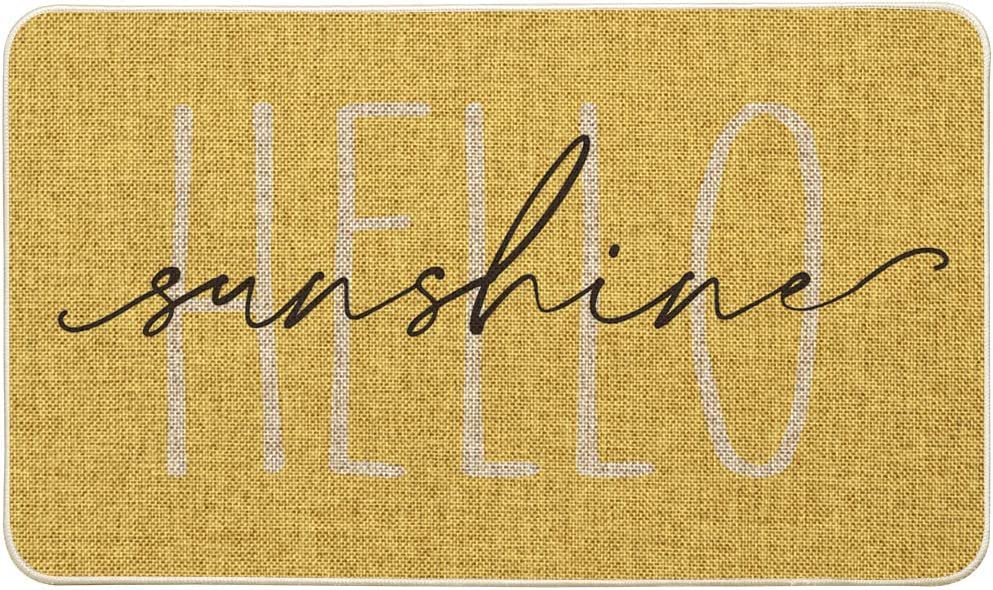 Yellow Hello Sunshine Summer Decorative Doormat, Seasonal Spring Holiday Low-Profile Floor Mat Switch Mat 18x30 Inch