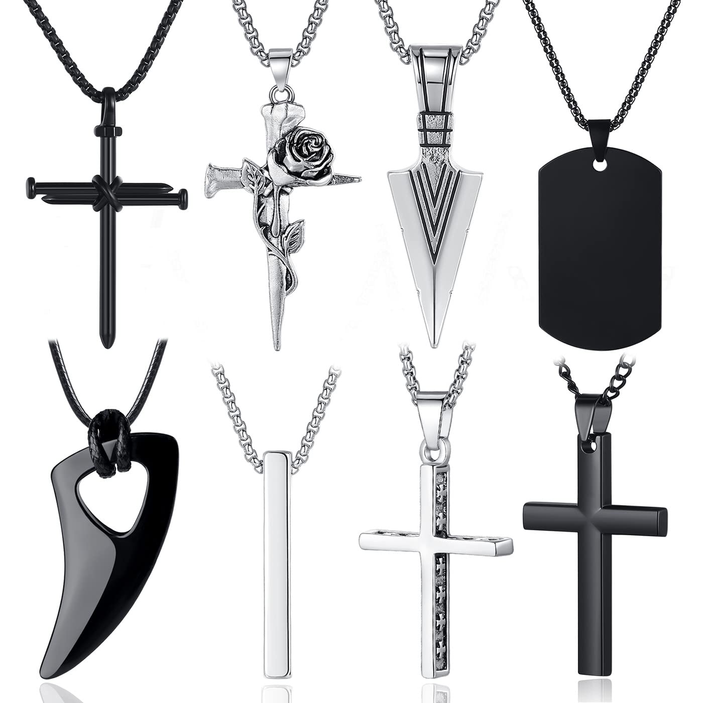 MAIBAOTA 8 Pcs Necklace for Men, Mens Necklaces Jewelry Set, Black and Silver Stainless Steel Necklace, Cross Pendant Necklace, 16-24 inches Chain, Fathers Day Birthday Gifts for Dad