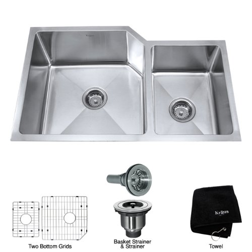 KRAUS Standart PRO 32-inch 16 Gauge Undermount 60/40 Double Bowl Stainless Steel Kitchen Sink, KHU123-32