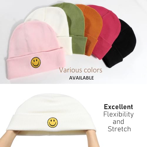 SONMONY Smile Face Beanie Hats for Women Mens Winter Knit Beanies Soft Cuffed Warm Smile Stretchy Beanies Hat… White