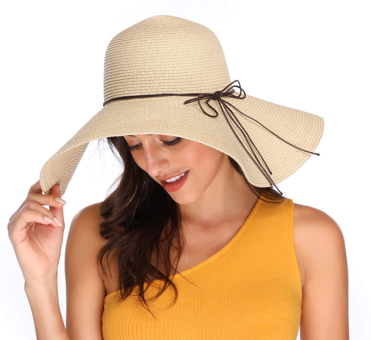 Lanzom Womens Wide Brim Straw Hat Big Floppy Foldable Roll up Cap Beach Sun Hat UPF 50+(String-Beige)