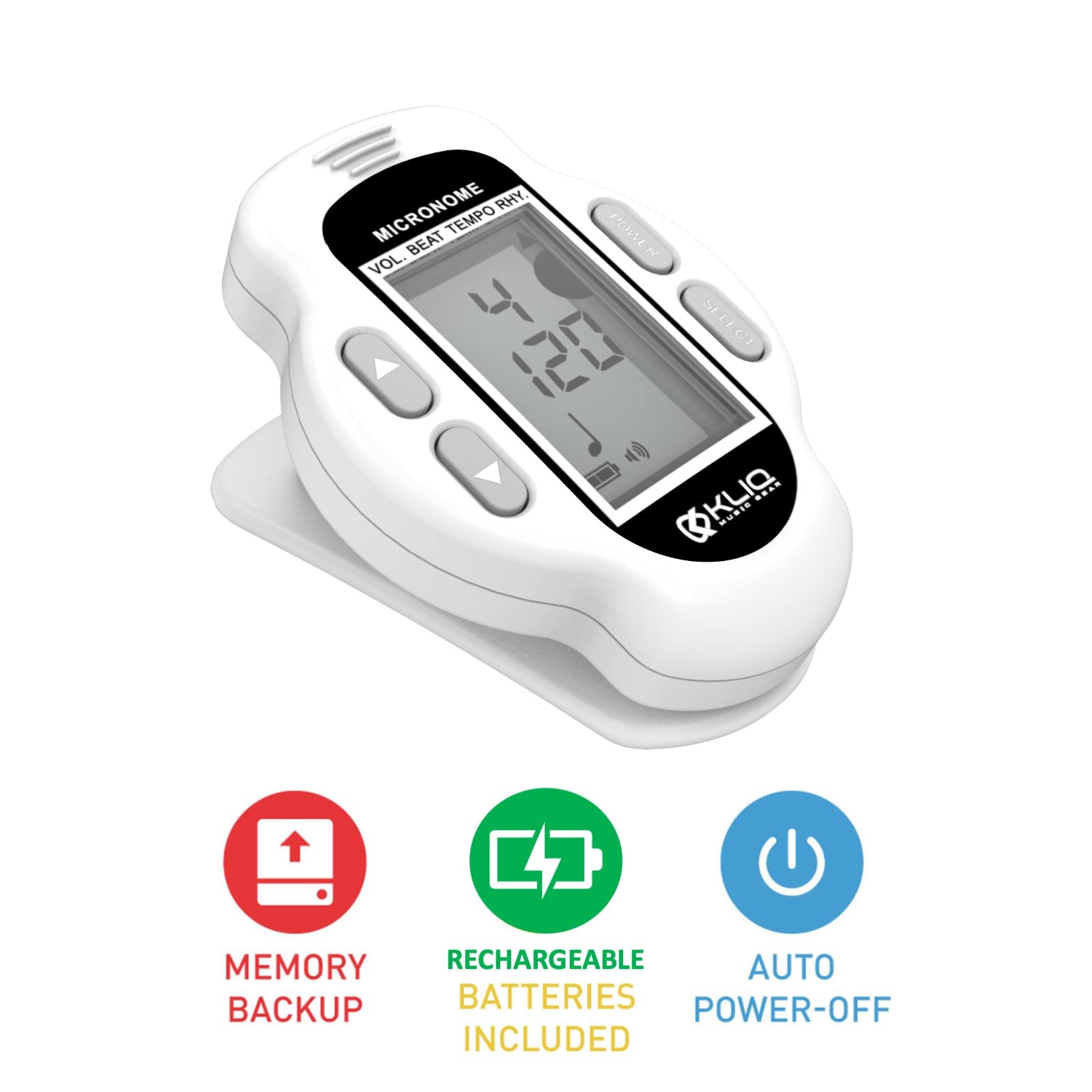 KLIQ MicroNome - Mini Rechargeable Digital Metronome - with Speaker (Digital Volume, Beat and Tempo Adjustment) Designed for use with Piano, Guitar, Saxophone, Flute, Violin, Drum (White)