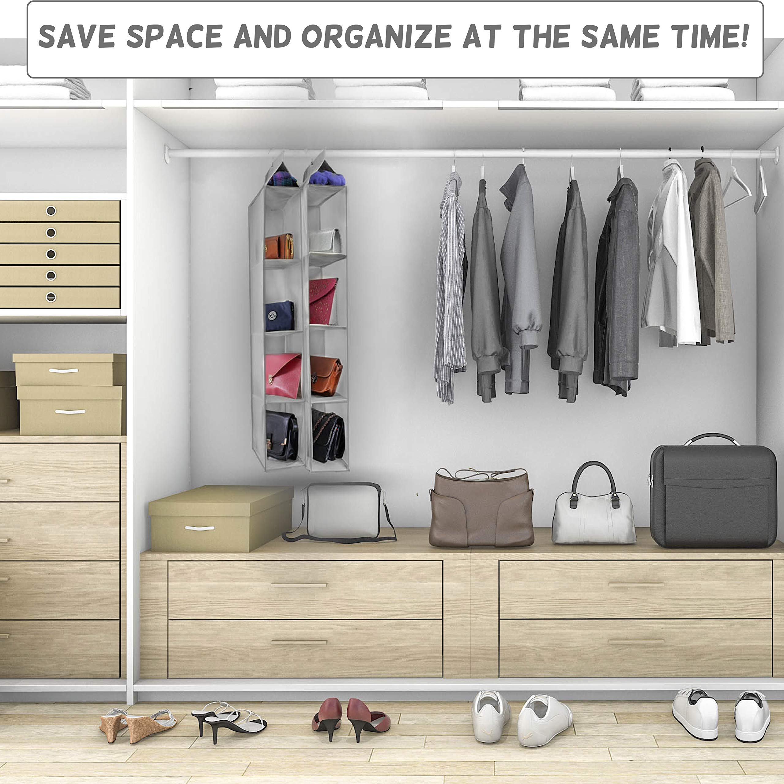 MIGHTY TIDY HOME New and Improved XL Size Hanging Handbag Purse Organizer for Closet | 2 Pack, 10 Shelves Total | Space Saving Hand Bag Storage Holder for Wardrobe Closet (Neutral Tone)