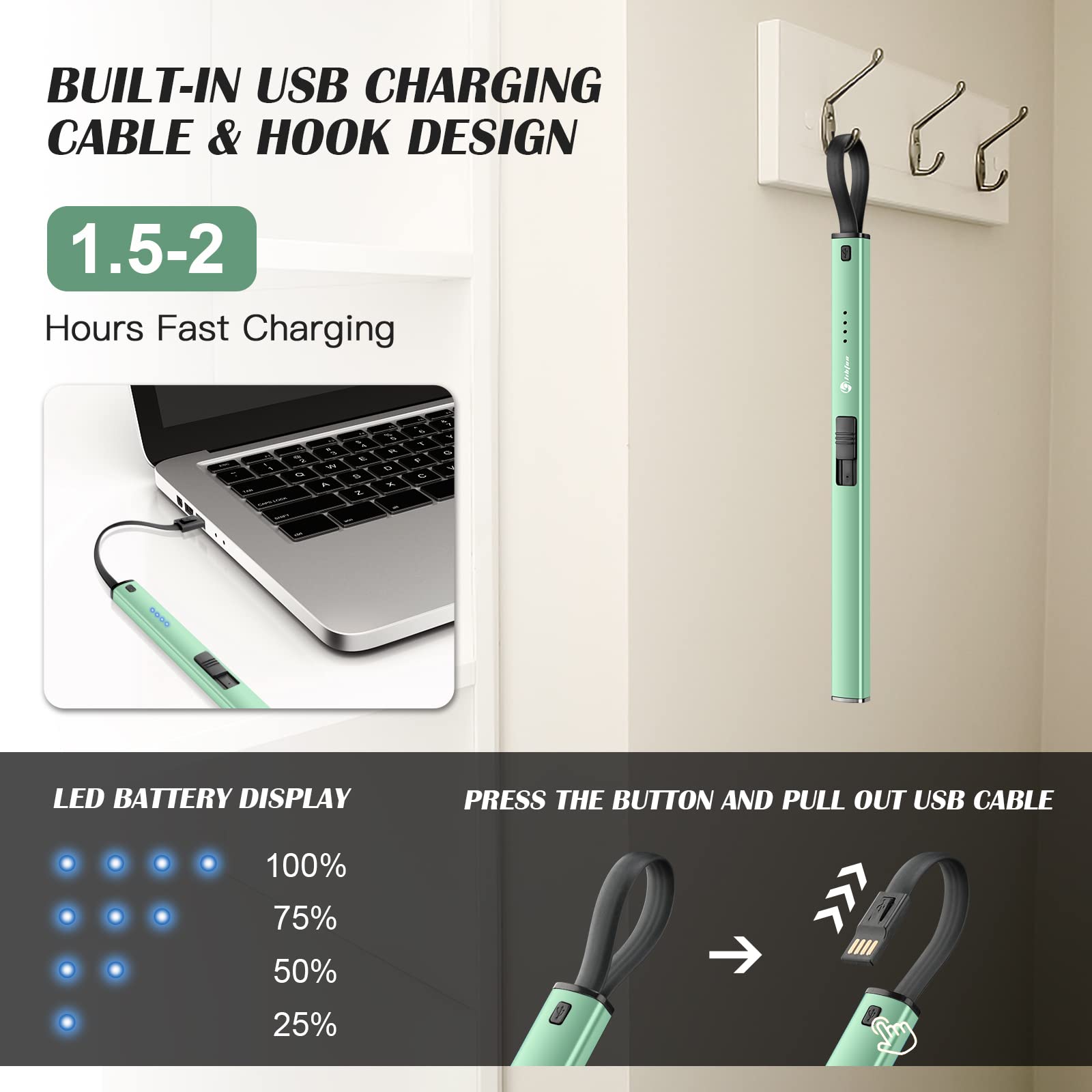 LIHTUN Candle Lighter, Windproof Electric Lighter with LED Battery Display Safety Lock, Flameless Rechargeable Lighter with Built-in USB Cable, Plasma Arc Long Lighter for Candle BBQ Camping Lighters