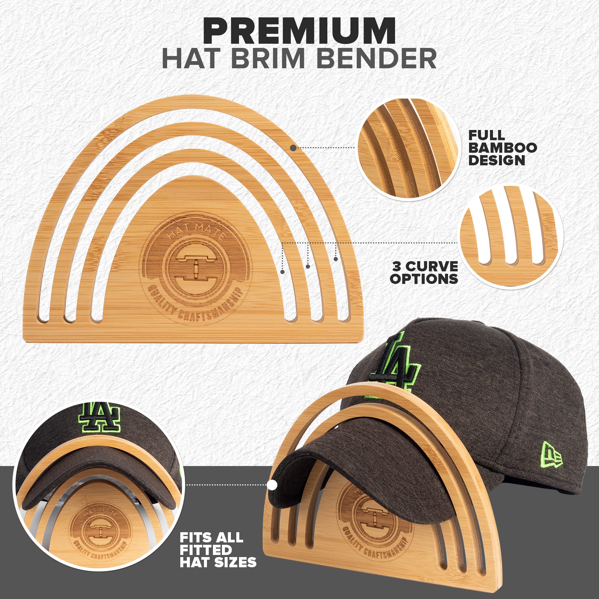 Premium Hat Brim Bender, FREE Hat Brush with 2 Bill Bender Tools, Bamboo Design with 3 Shaper Options, Steaming Optional, Hat Curving Band, Baseball Cap - US Patent Pending