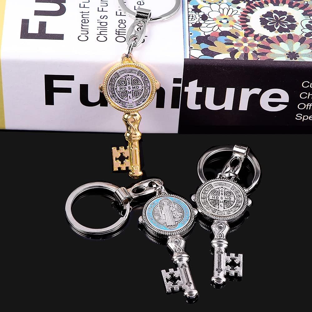 OEMOO 2Pcs Saint Benedict Medal Keychain, Silver/Gold Toned Saint Benedict Jubilee Medal Key Shaped Pendant Key Chain, Fine Detail Great Gift for Family Friend