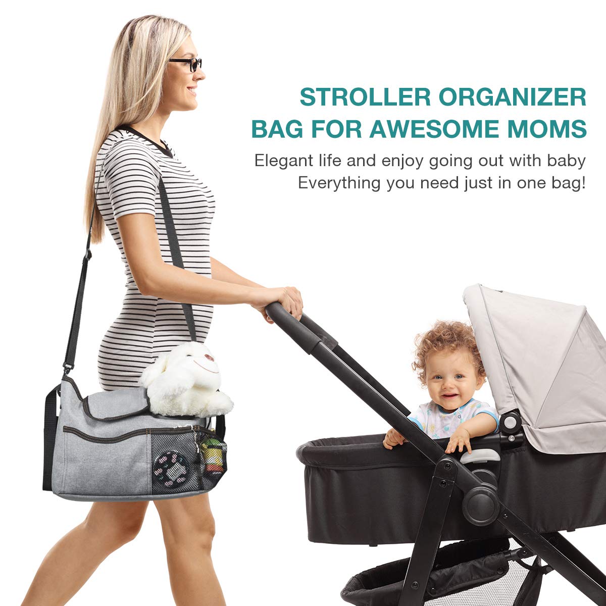 Marchpower Baby Stroller Organizer Bag Cup Holder Large Storage Space Double Use Stroller Accessory Shoulder Carrying Lightweight Durable Baby Travel Bag