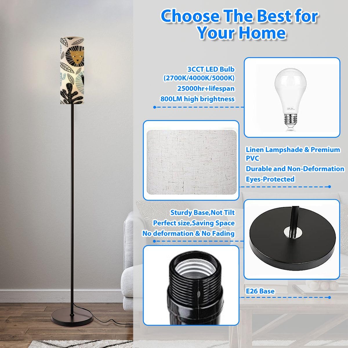 Modern Standing Lamps childish pattern lion tropical branches kids texture for Minimalist Floor Lamp Metal Pole Lamp with Linen Lampshade for Bedroom Living Room Office Nursery Reading Foot Switch