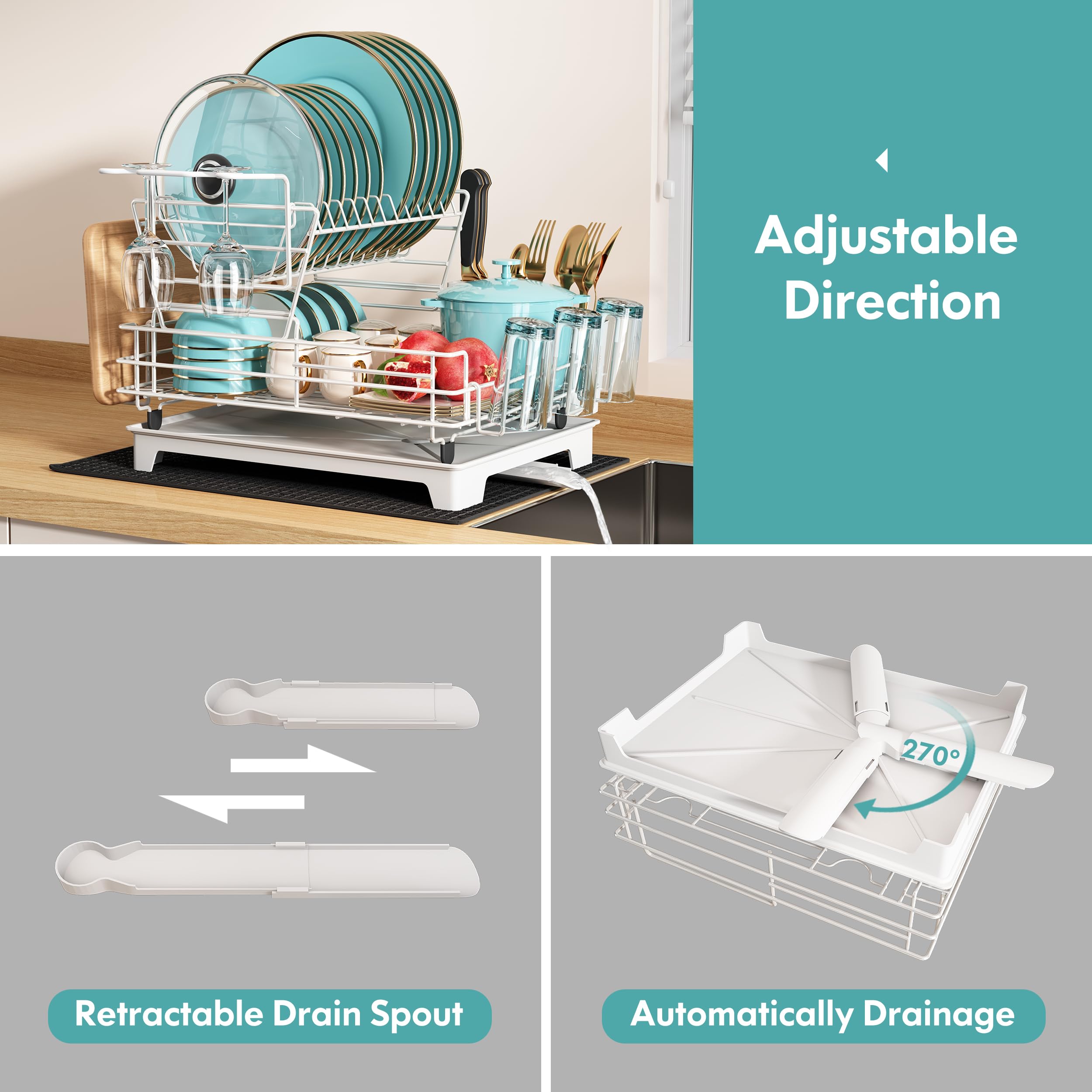 MAJALiS White Dish Drying Rack with Drainboard Set, Two Tier Large Dish Drainers with Drainage, Stainless Steel Dish Dryer Rack for Sink and Counter