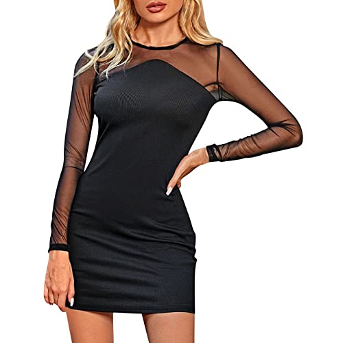 Pinkpaopao Solid Color Mini Dress for Women Slim Mesh Pull On Splicing Long Sleeve Round Neck Dress