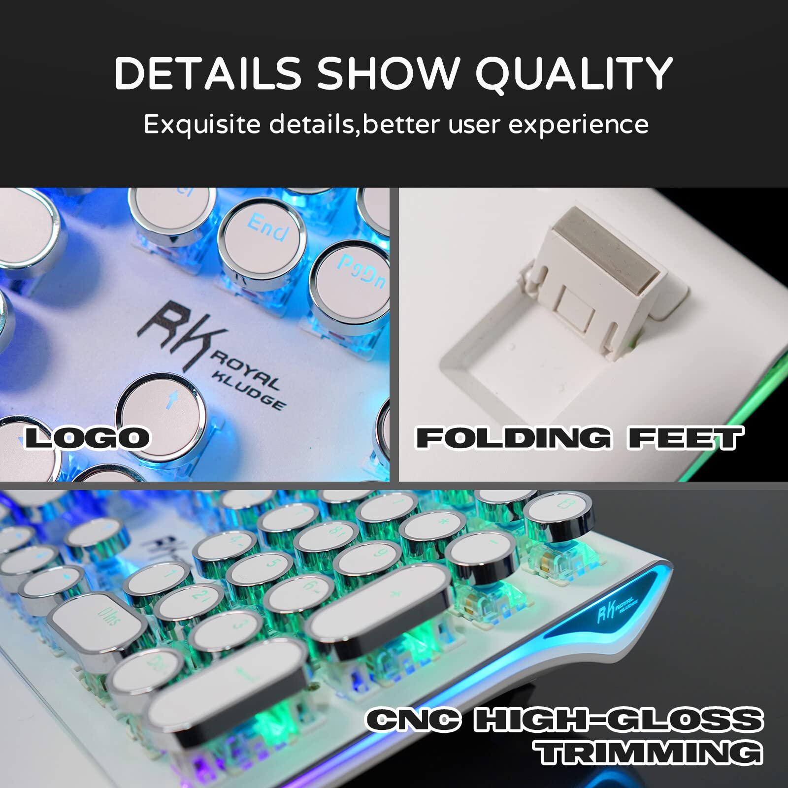 RK ROYAL KLUDGE Typewriter Style Mechanical Gaming Keyboard with True RGB Backlit Collapsible Wrist Rest 108-Key (Brown Switch, White)
