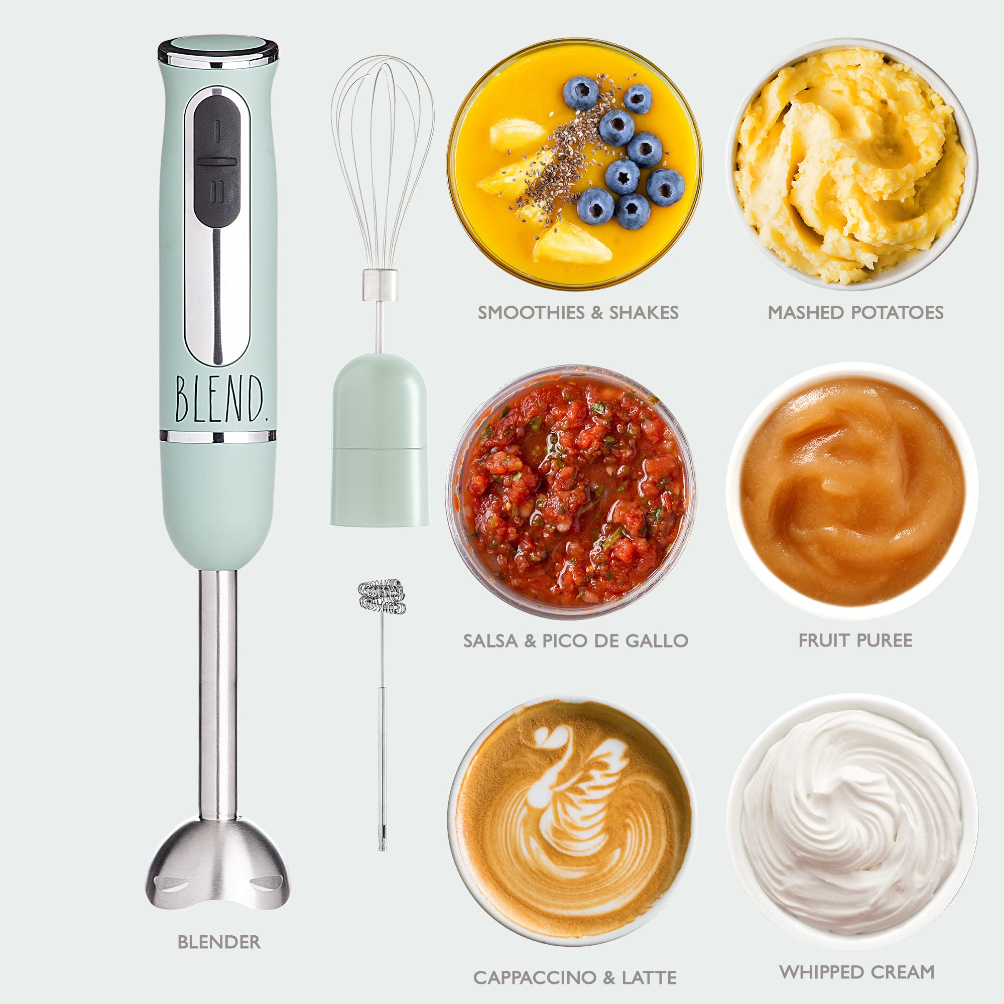 Rae Dunn Immersion Hand Blender- Handheld Immersion Blender with Egg Whisk and Milk Frother Attachments, 2 Speed Blender, 500 Watts, Stainless Steel Blade (Sage)