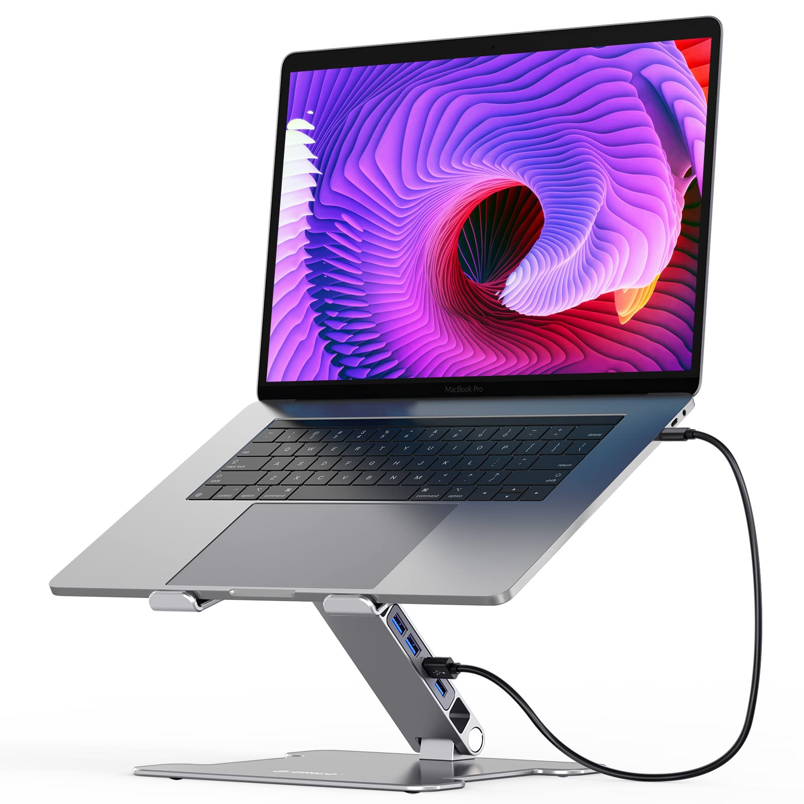 ORICO Adjustable Laptop Stand with 4 Port USB 3.0 Hub, Aluminum Computer Riser Compatible with MacBook Air Pro, Dell XPS, 10-15.6" Notebook and Tablet (Silver)