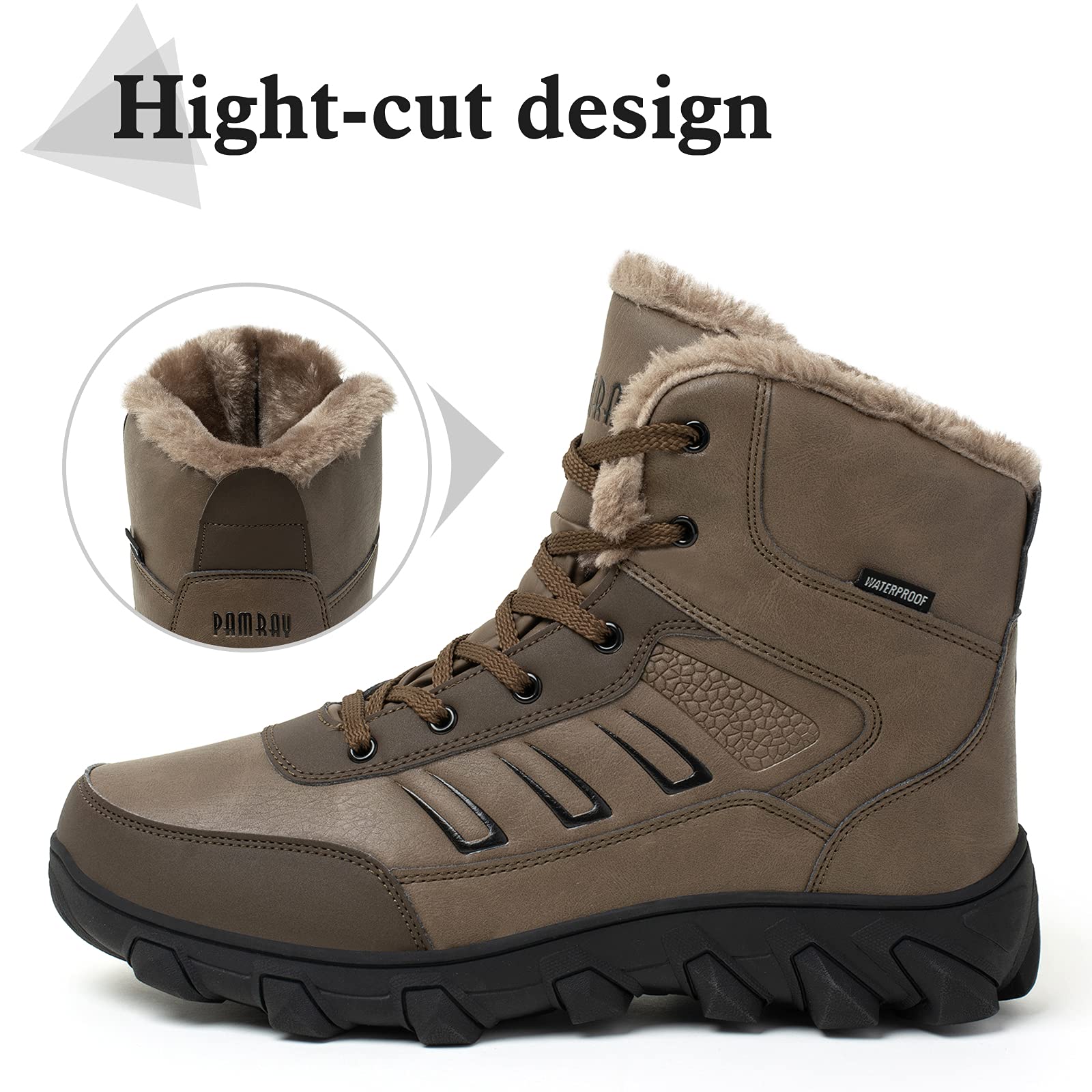 Pamray Men Winter Snow Boots Warm Waterproof Mid Calf Shoes Outdoor Hiking Climbing with Full Fur Lined Dark-Brown 46