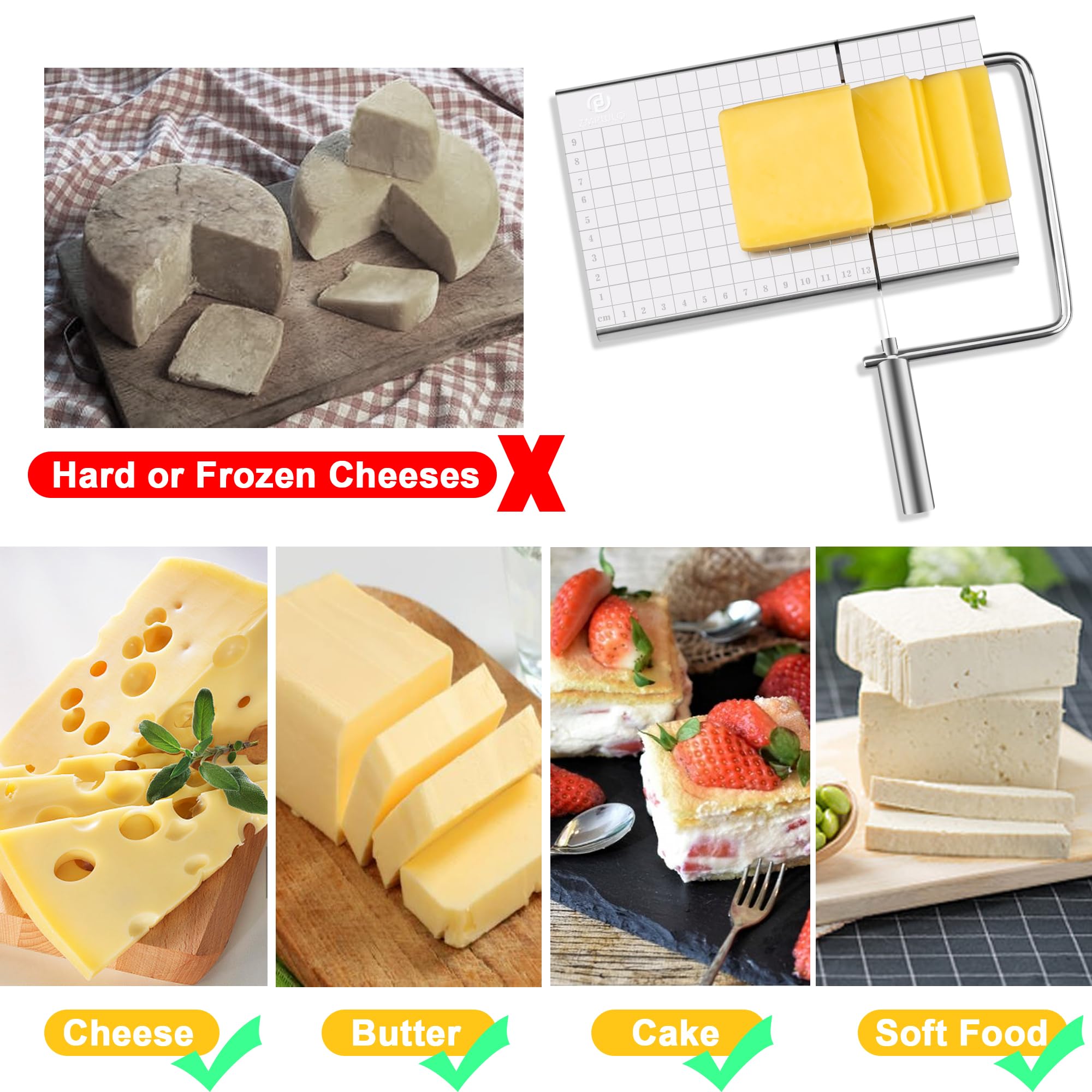 PL ZMPWLQ Cheese-Slicers with Wire, Cheese Slicer Stainless Steel with 4 Replacement Wires Cheese Cutters Accurate Size Scale,Wire Cheese Slicer for Soft Cheese, Cheese Cutter Wire Cheese Slicer