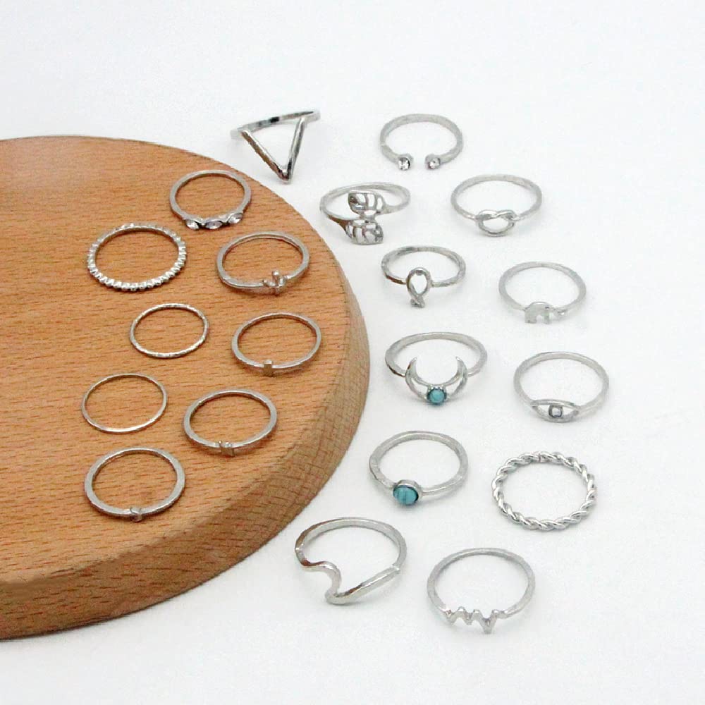 NIQIPOK 56 Pcs Vintage Silver Knuckle Rings Set for Women, Bohemian Stackable Joint Finger Rings, Retro Crystal eyes moon Stacking Midi Combination Ring Set